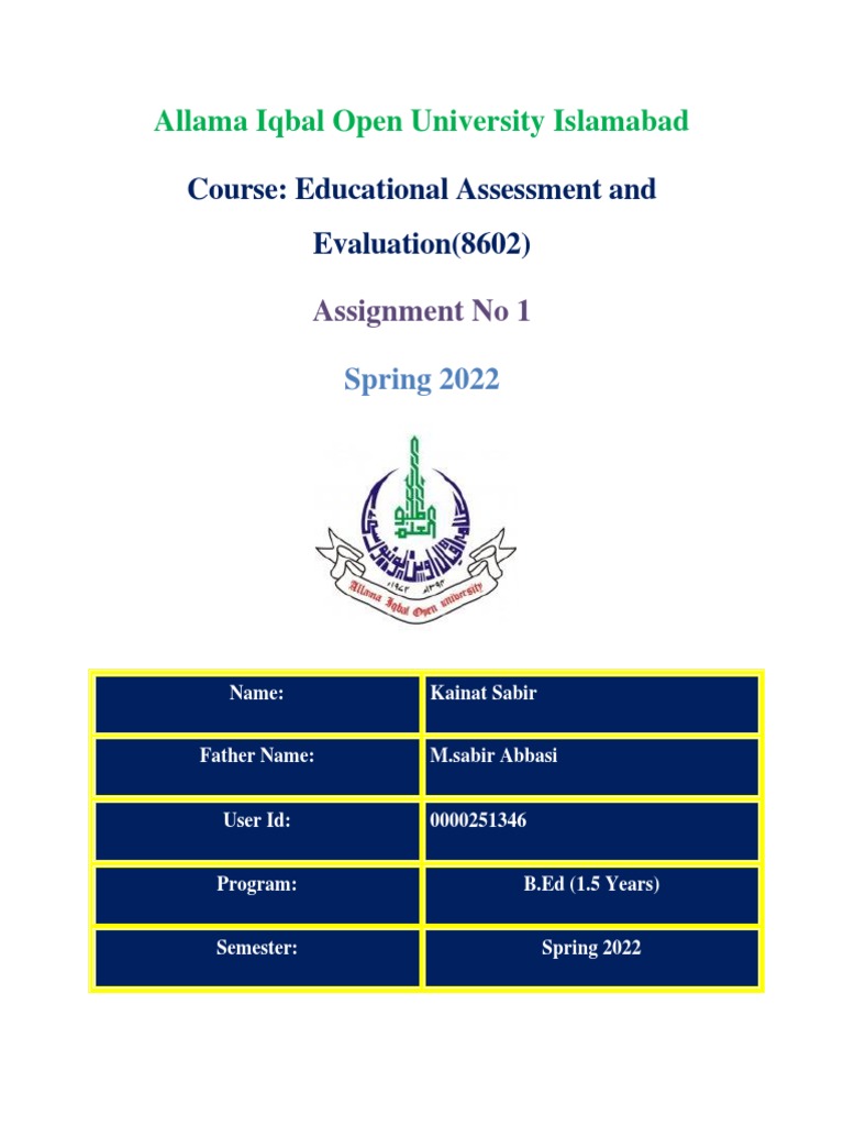 Allama Iqbal Open University Islamabad Course Educational Assessment