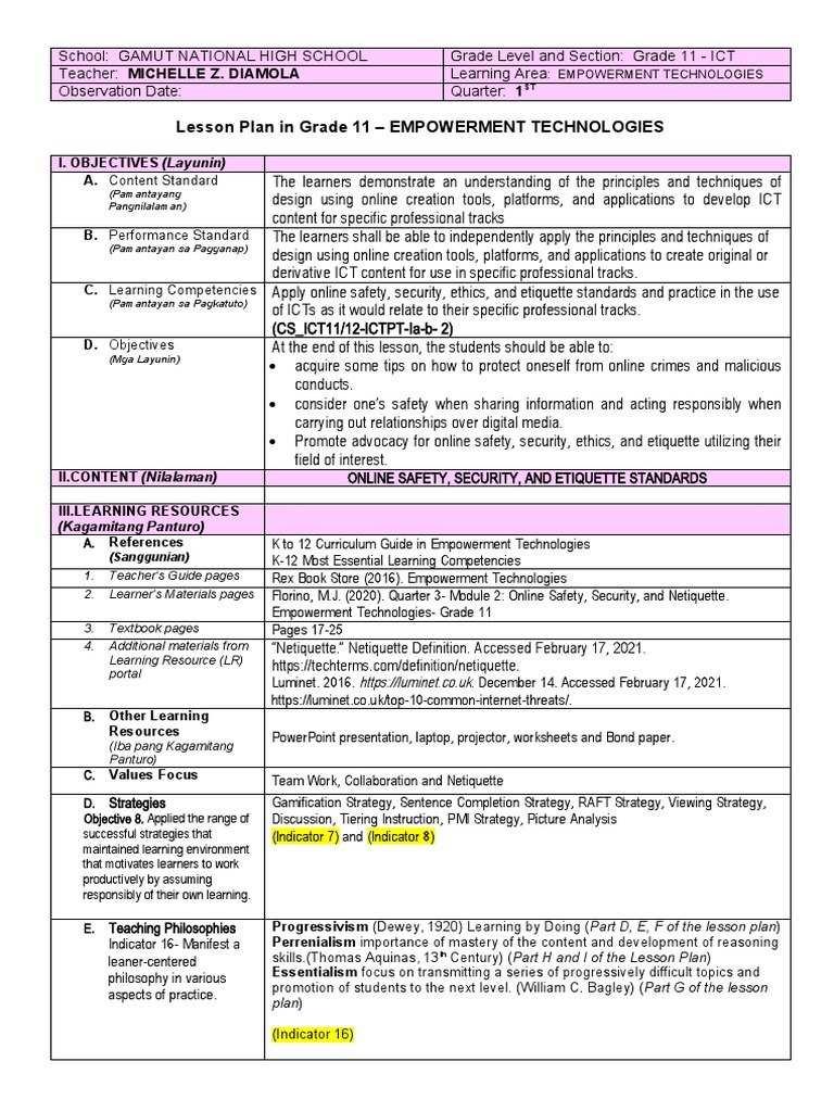 Lesson Plan in Grade 11 - EMPOWERMENT TECHNOLOGIES: Earth Science | PDF ...