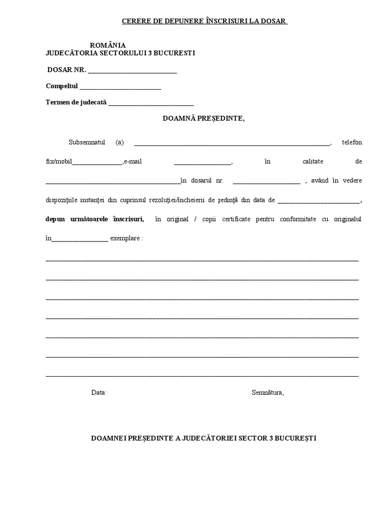 Cerere de Depunere Înscrisuri La Dosar | PDF
