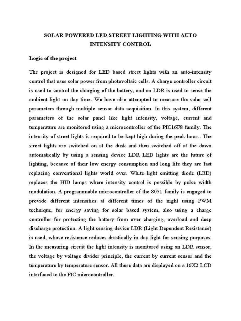 Proposal - SOLAR POWERED LED STREET LIGHTING | PDF | Microcontroller ...