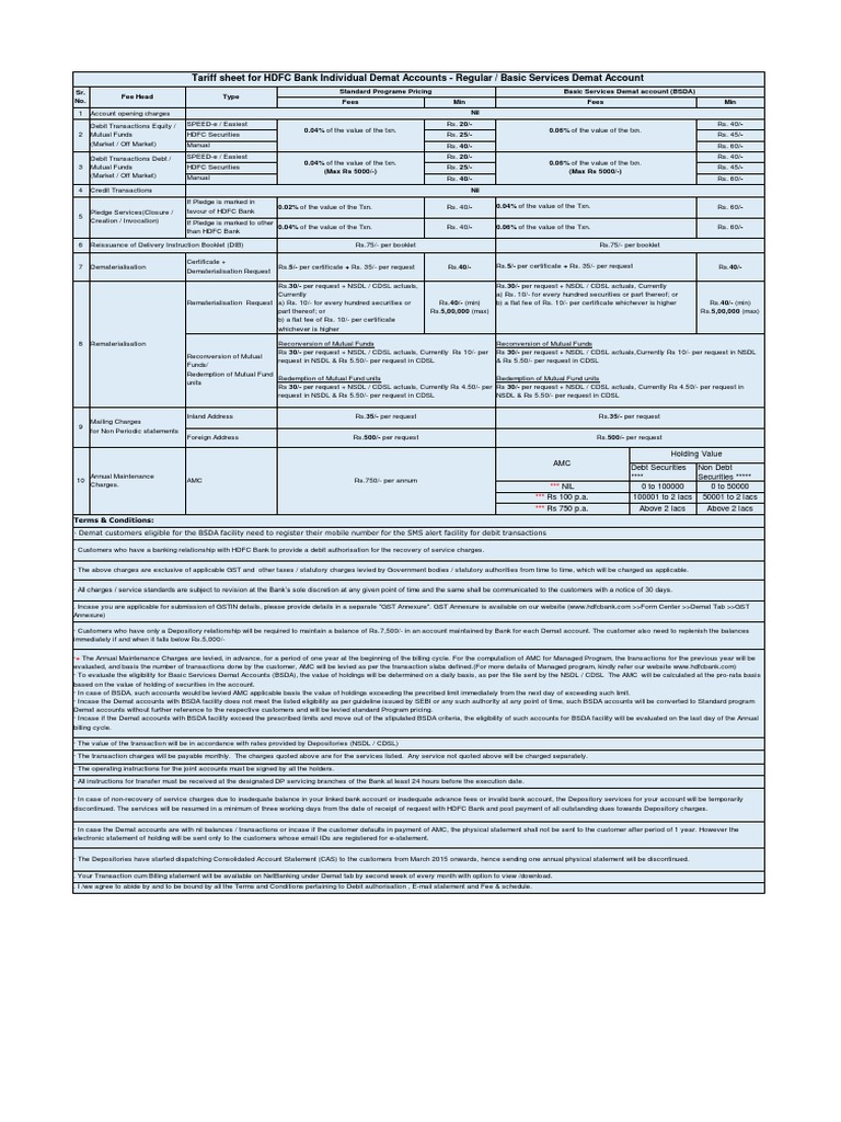 Tariff Sheet For HDFC Bank Individual Demat Accounts - Regular / Basic ...