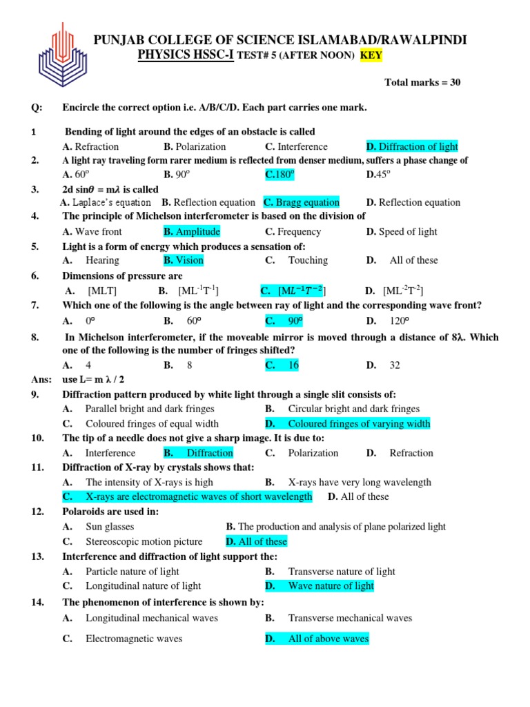 Physics HSSC-I Test Key for Punjab College | PDF | Waves | Diffraction