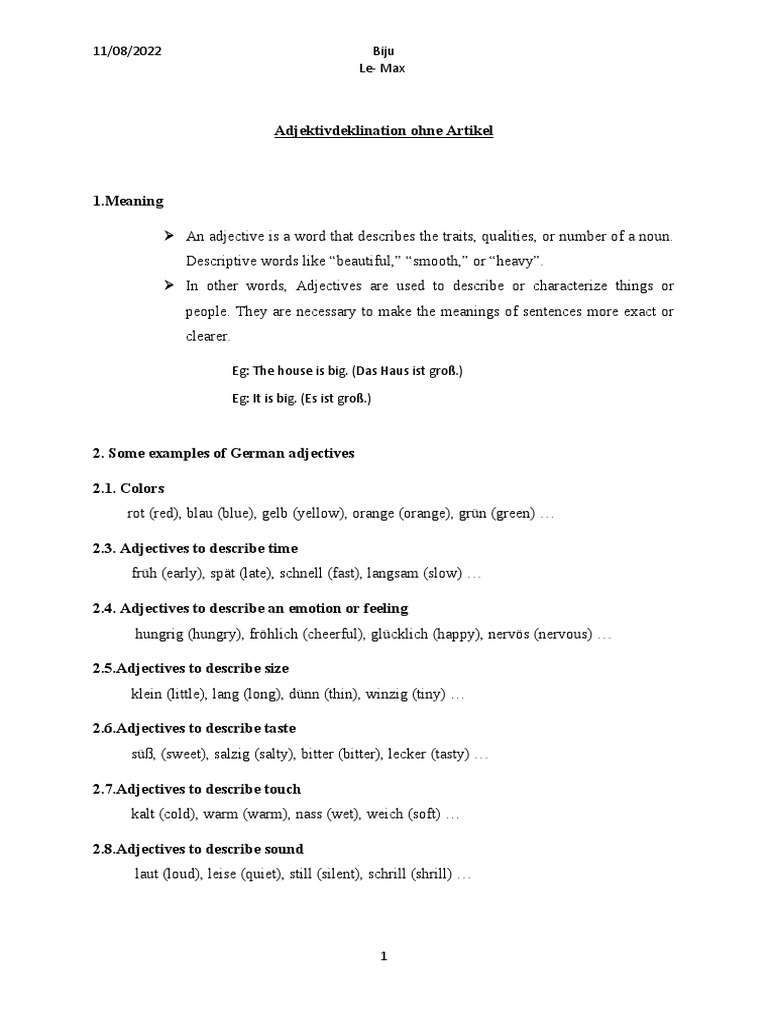 German Adjective Declension Guide | PDF | Grammatical Gender | Noun