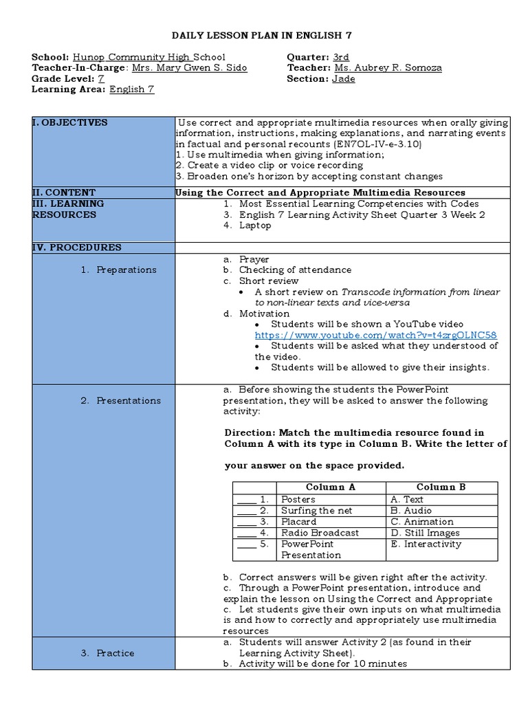 Daily Lesson Plan For COT2 English 7 - Hunop High School | PDF ...