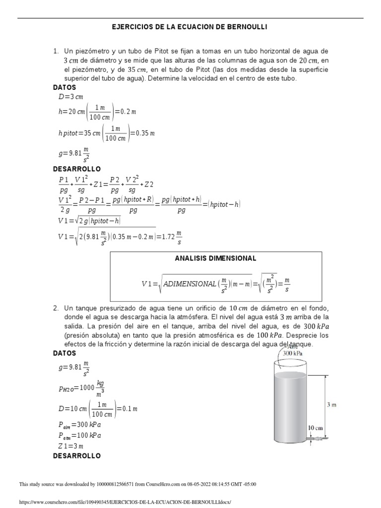 Ejercicios de La Ecuacion de Bernoulli | PDF | Presión | Mecánica de Medios Continuos