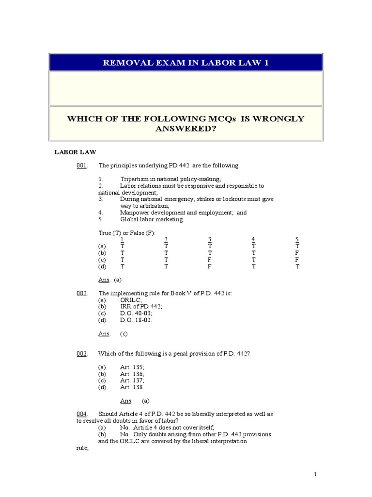 MCQS Bar 2012 LABOR STANDARDS LAW SOCLEG REMOVALS | PDF | Employment ...