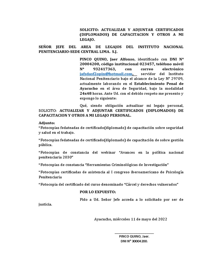 Solicito Actualizar y Adjuntar Certificados (Diplomados) de Capacitacion y Otros A Mi Legajo. | PDF