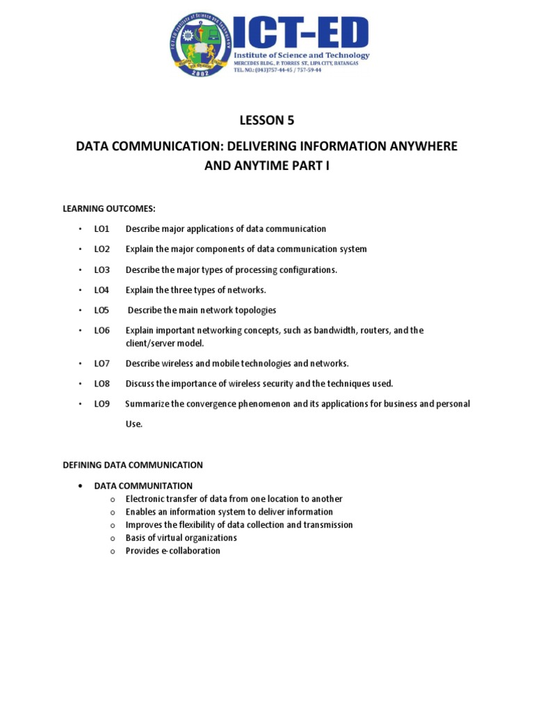 LESSON 5 PART1 Data Communication Delivering Information Anywhere and Anytime | PDF | Computer ...