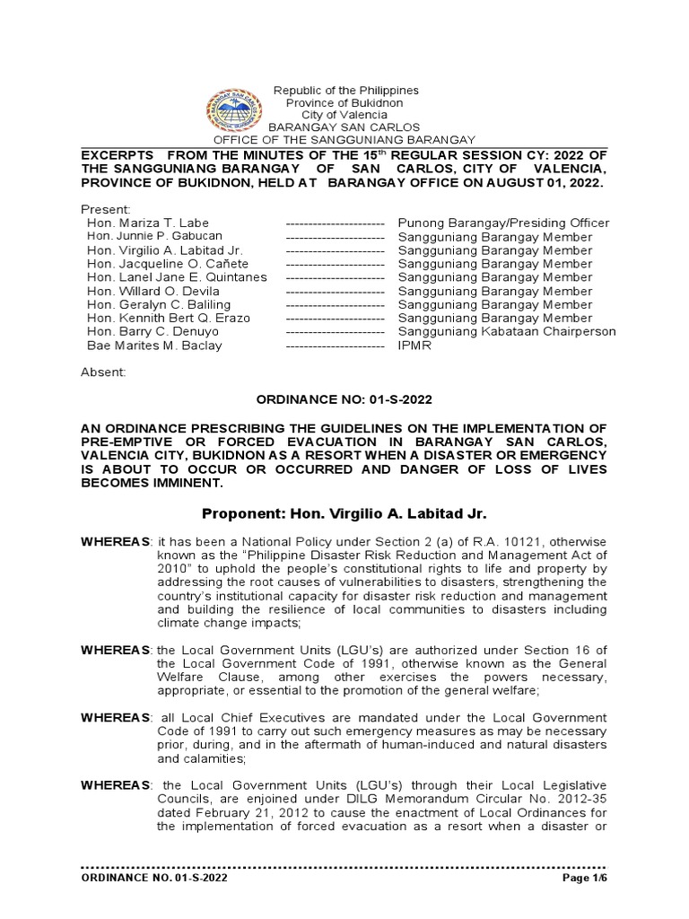 01-S-2022 PRE-EMPTIVE EVACUATION barangay san carlos, valencia city ...