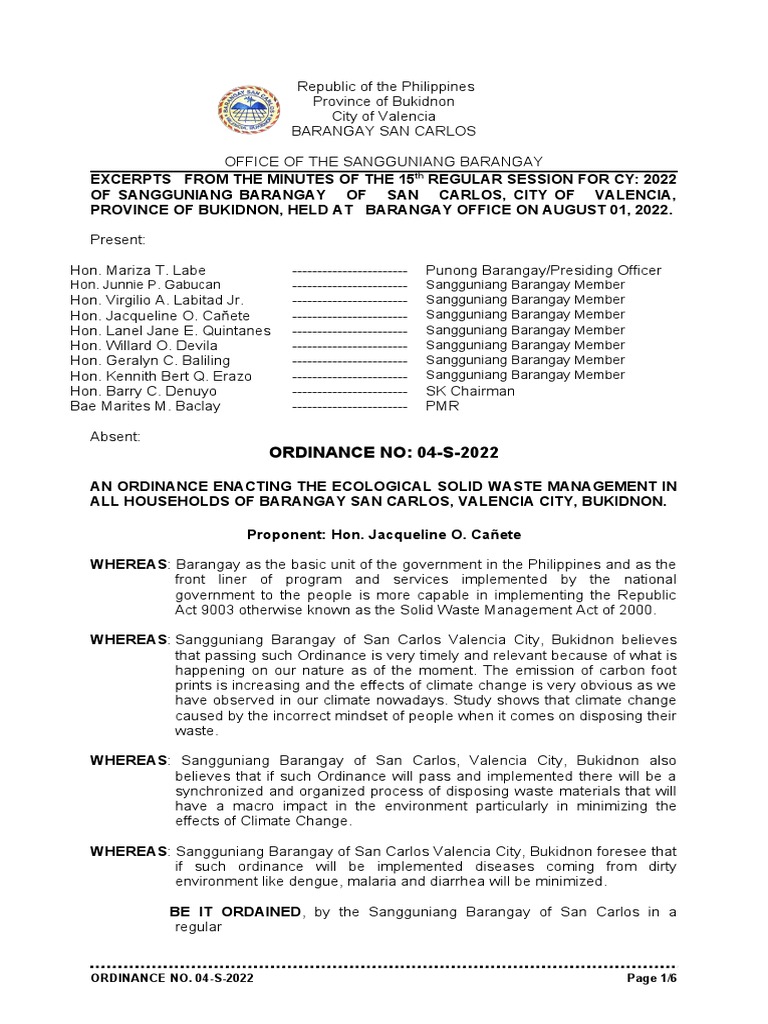 04-S-2022 Solid Waste Barangay San Carlos, Valencia City, Bukidnon ...