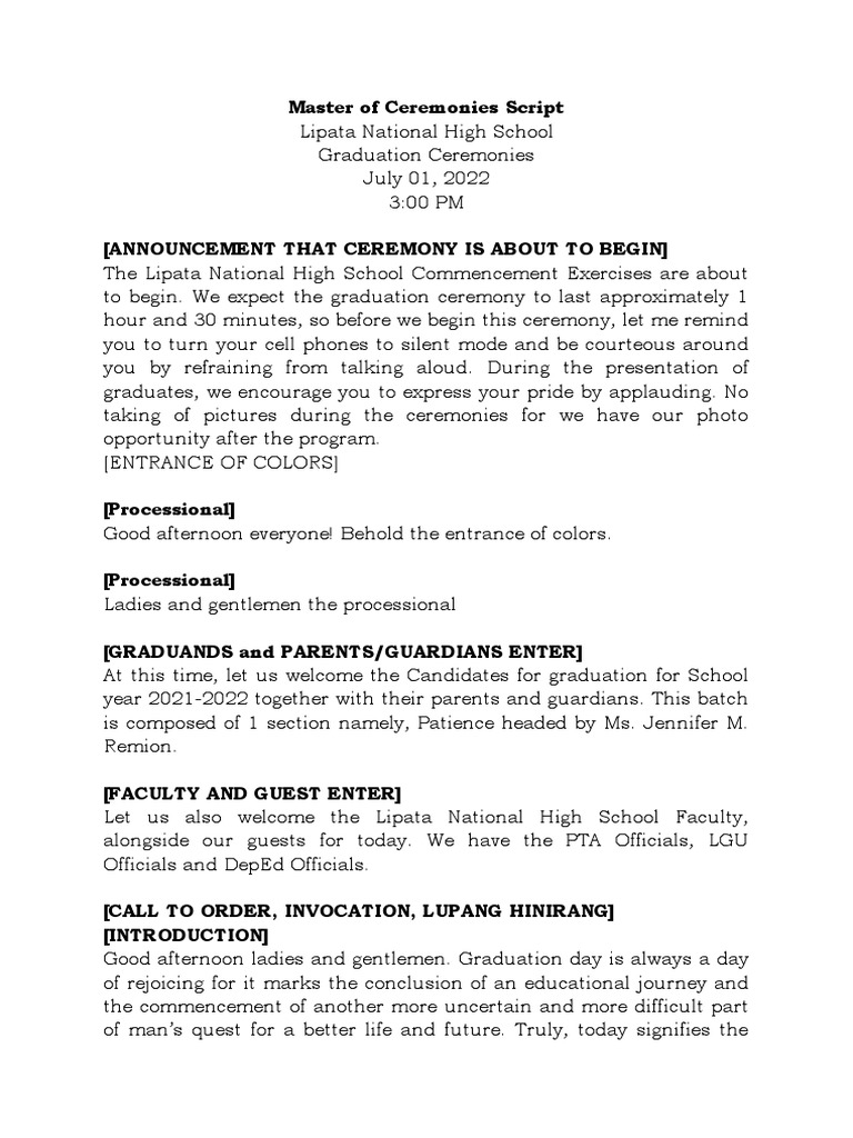 Graduation Ceremony Script for Lipata NHS | PDF