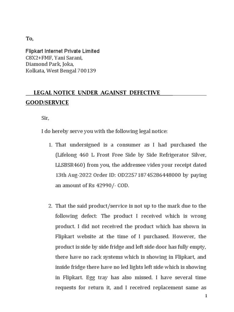 Flipkart Internet Private Limited: Legal Notice Under Against Defective ...
