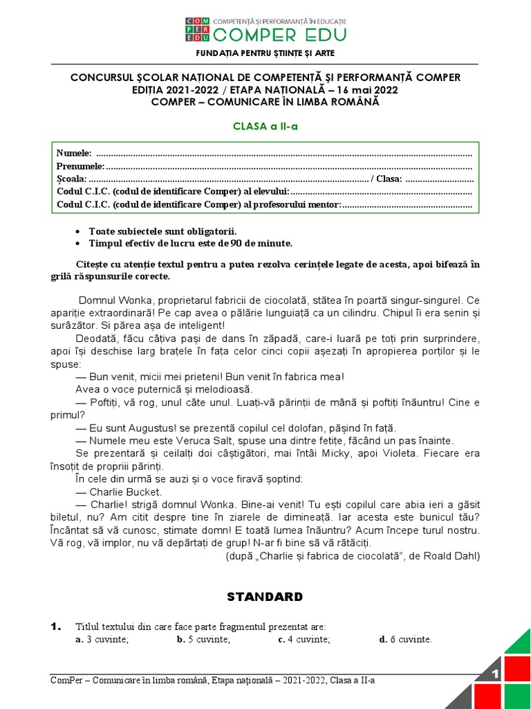 Subiect Comper Romana EtapaN 2021 2022 clasaII | PDF