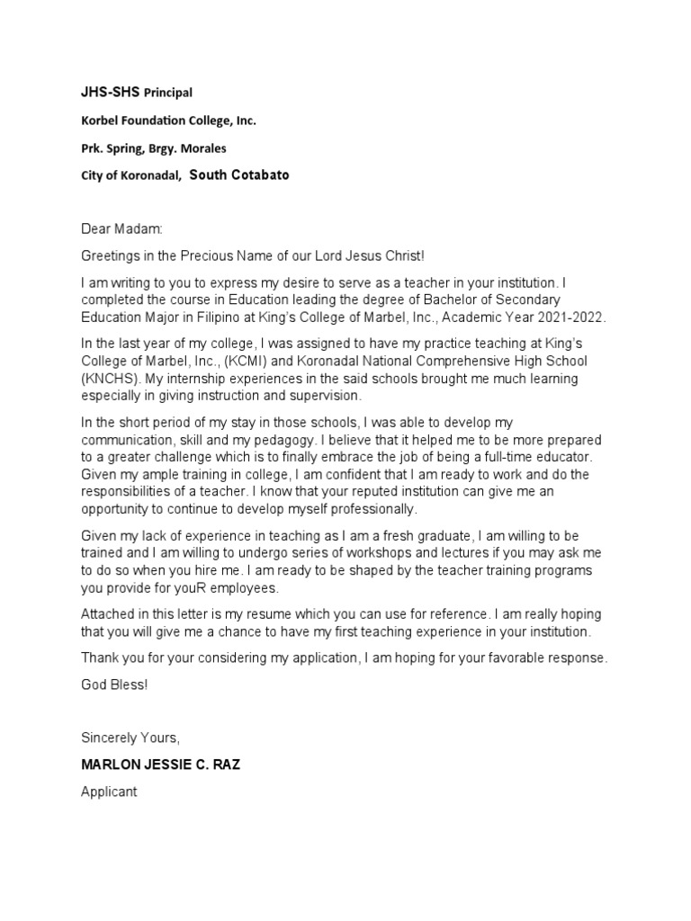 JHS-SHS Principal Korbel Foundation College, Inc. Prk. Spring, Brgy ...