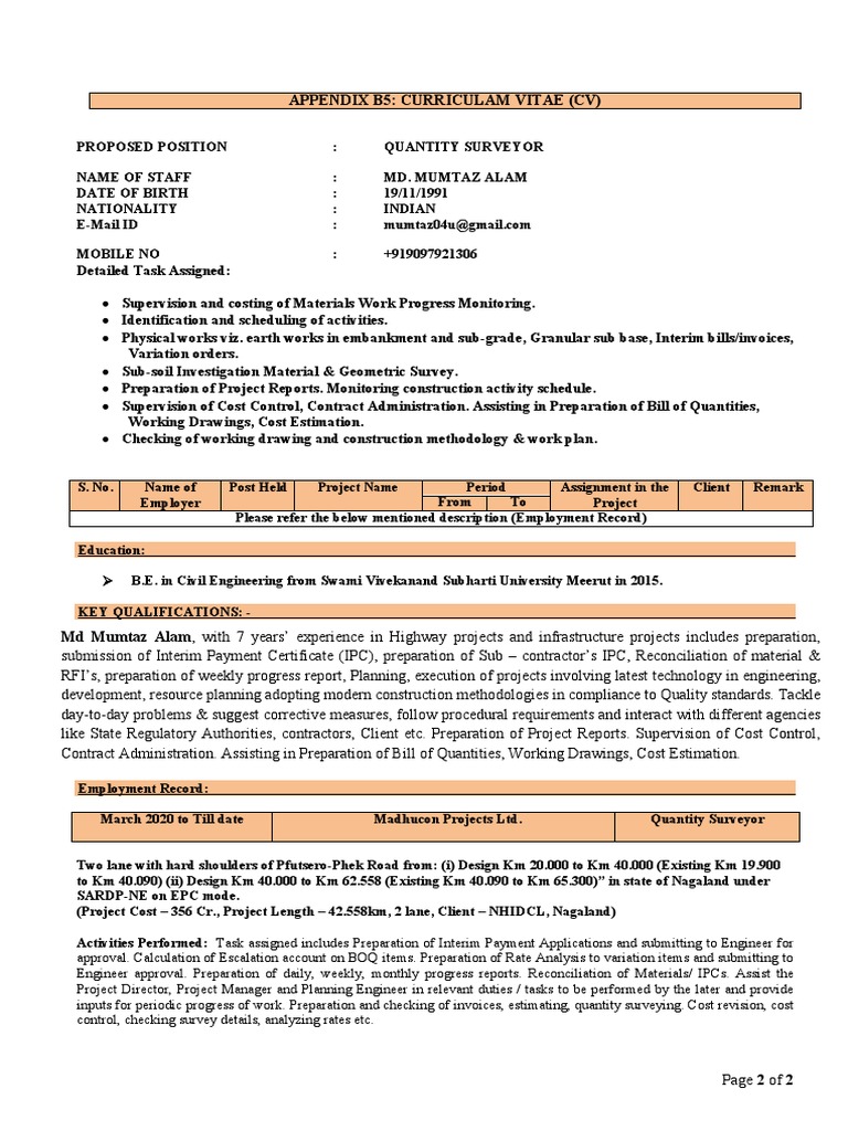 Appendix B5: Curriculam Vitae (CV) | PDF | Surveying | Business