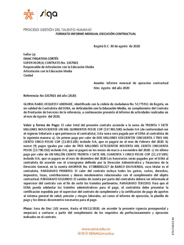 GTH - F - 062 - V06 - Formato - Informe - Mensual - Mes Agosto | PDF | Evaluación | Aprendizaje