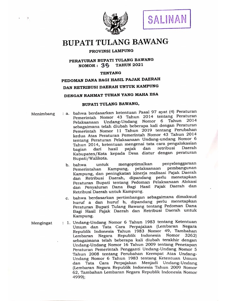 Perbub 35 TH 2021 Perbup DBH Pajak Dan Retribusi Daerah Untuk Kampung | PDF