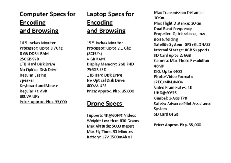 Tech Specs: PC, Laptop, Drone Comparison | PDF