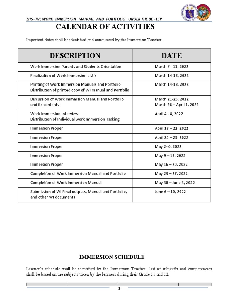 Calendar of Activities Description Date: Shs - TVL Work Immersion ...