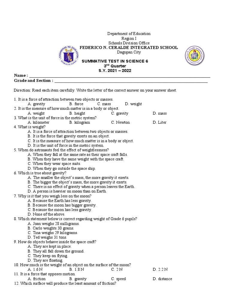 Science 6 Summative Test: 3rd Quarter | PDF | Weight | Friction