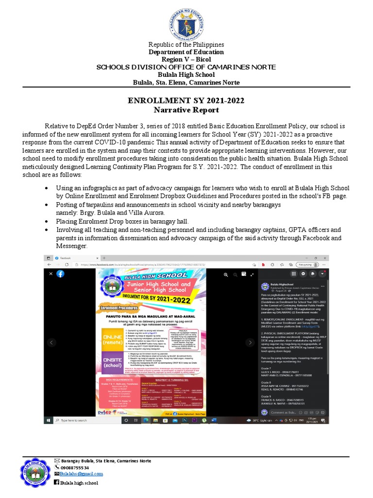 Narrative Report ENROLMENT 2021 | PDF | Learning