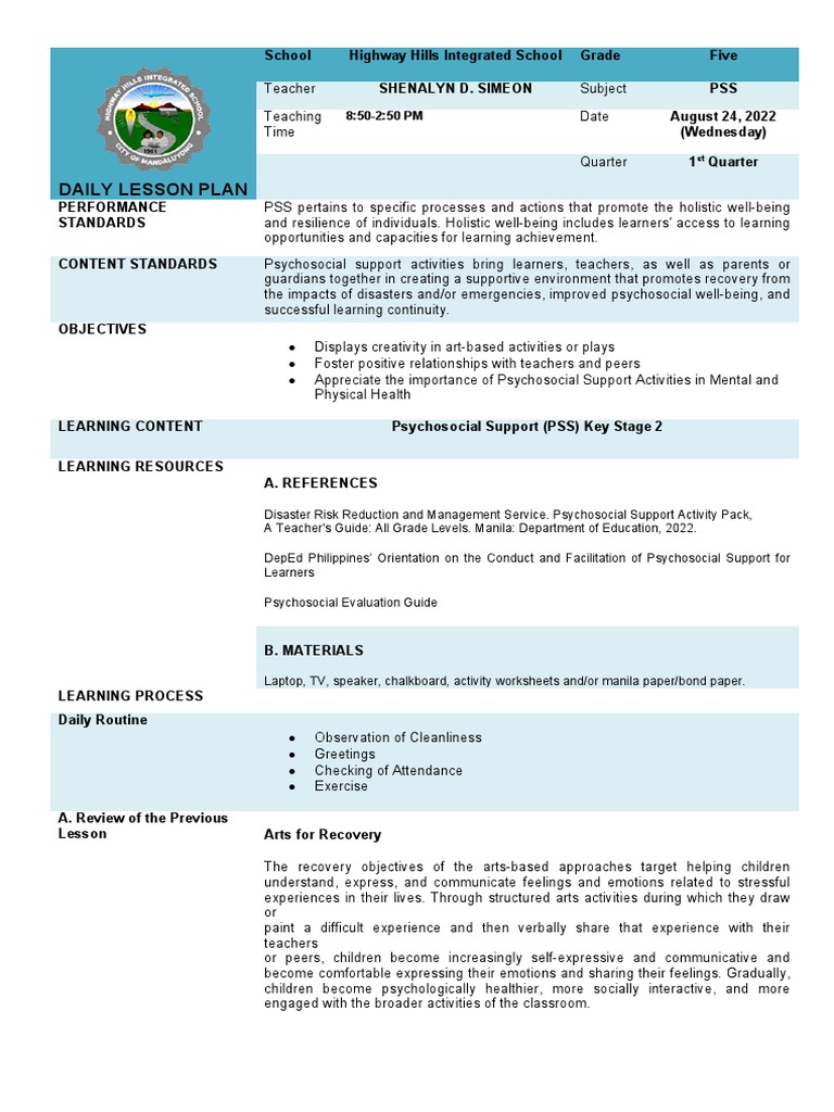 Daily Lesson Plan | PDF | Psychosocial | Teachers