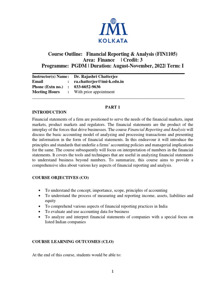 Financial Reporting and Analysis - Course Outline - 2022 | PDF ...