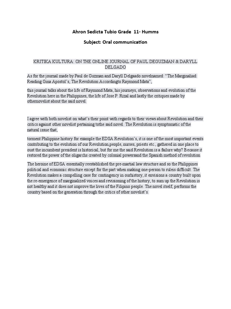 Ahron Sedicta Tubio Grade 11-Humms Subject: Oral Communication | PDF