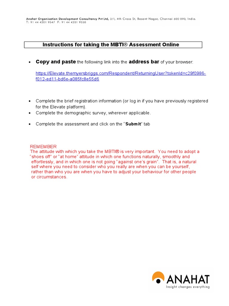 MBTI Assessment Instructions | PDF