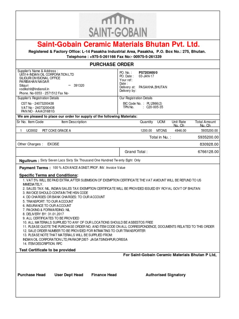 Petroleum Coke Purchase Order from Saint-Gobain Ceramic Materials ...