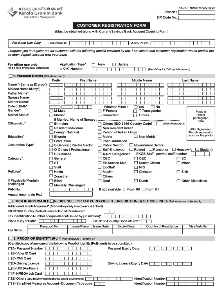 Kerala Gramin Bank Account Form | PDF | Identity Document | Government