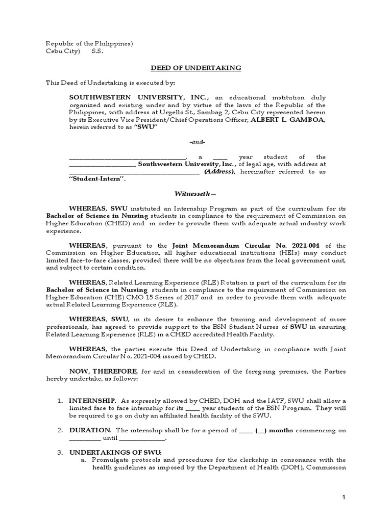 Deed of Undertaking For LF2F With Internship Nursing 1 | PDF | Nursing ...
