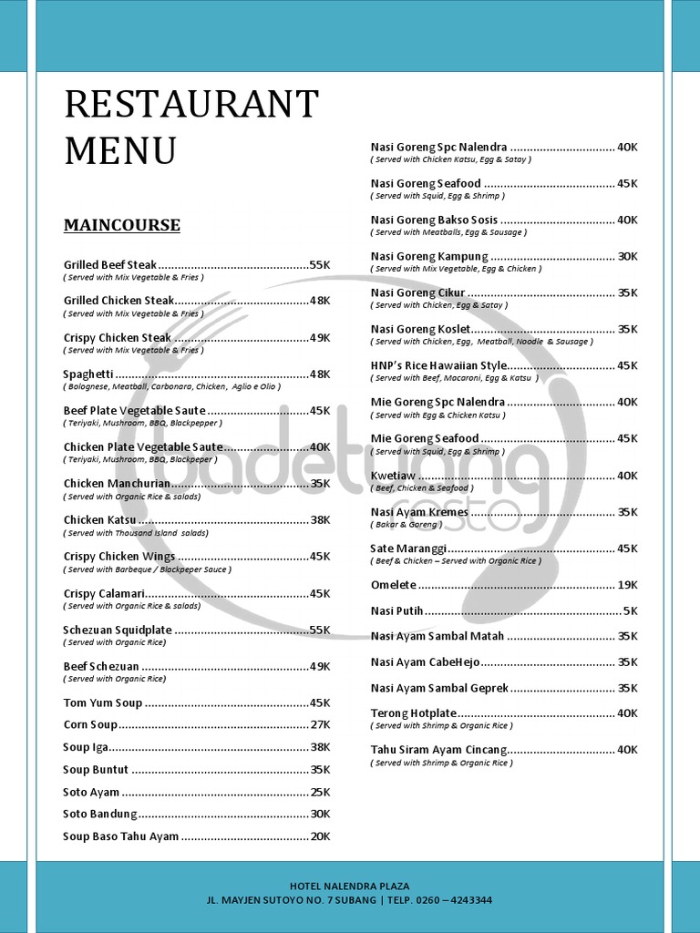 RESTAURANT MENU | PDF | Foods | Food Industry