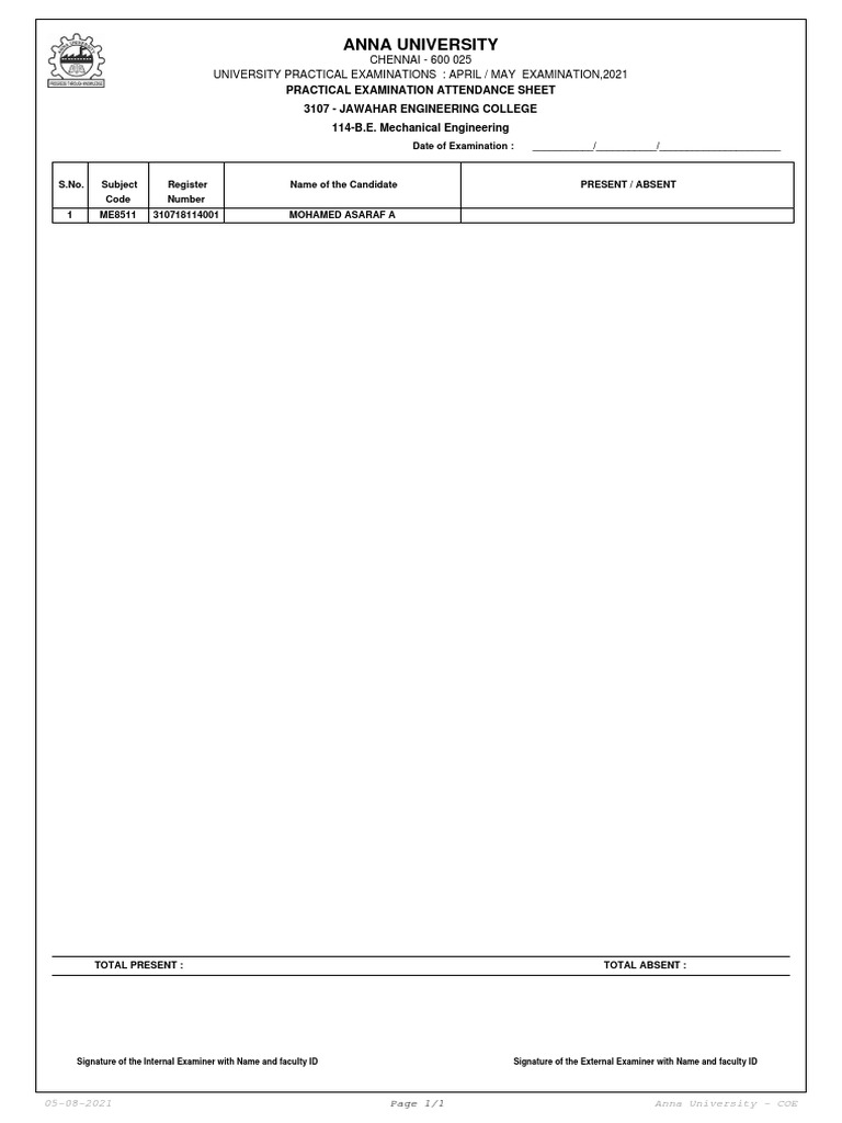 Anna University: CHENNAI - 600 025 University Practical Examinations ...