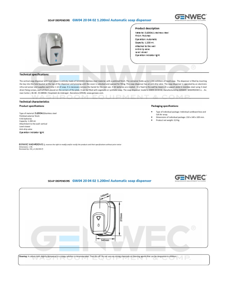 GW04 20 04 02 1.200ml Automatic Soap Dispenser | PDF | Materials | Manufactured Goods