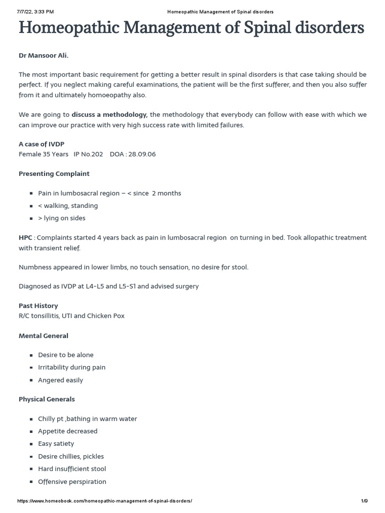 Homeopathic Management of Spinal Disorders | PDF | Homeopathy | Pain