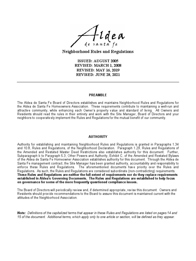 1 - Aldea Neighborhood Rules Regulations Revised 2021-06-28 | PDF ...