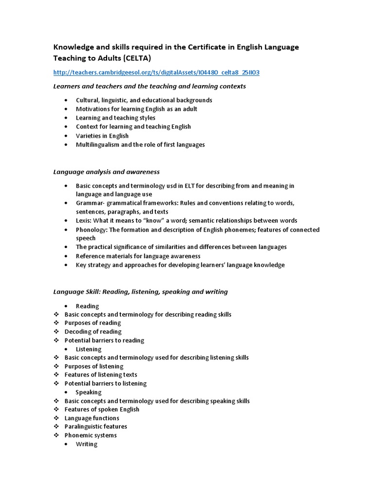 Knowledge and Skills Required in The Certificate in English Language ...
