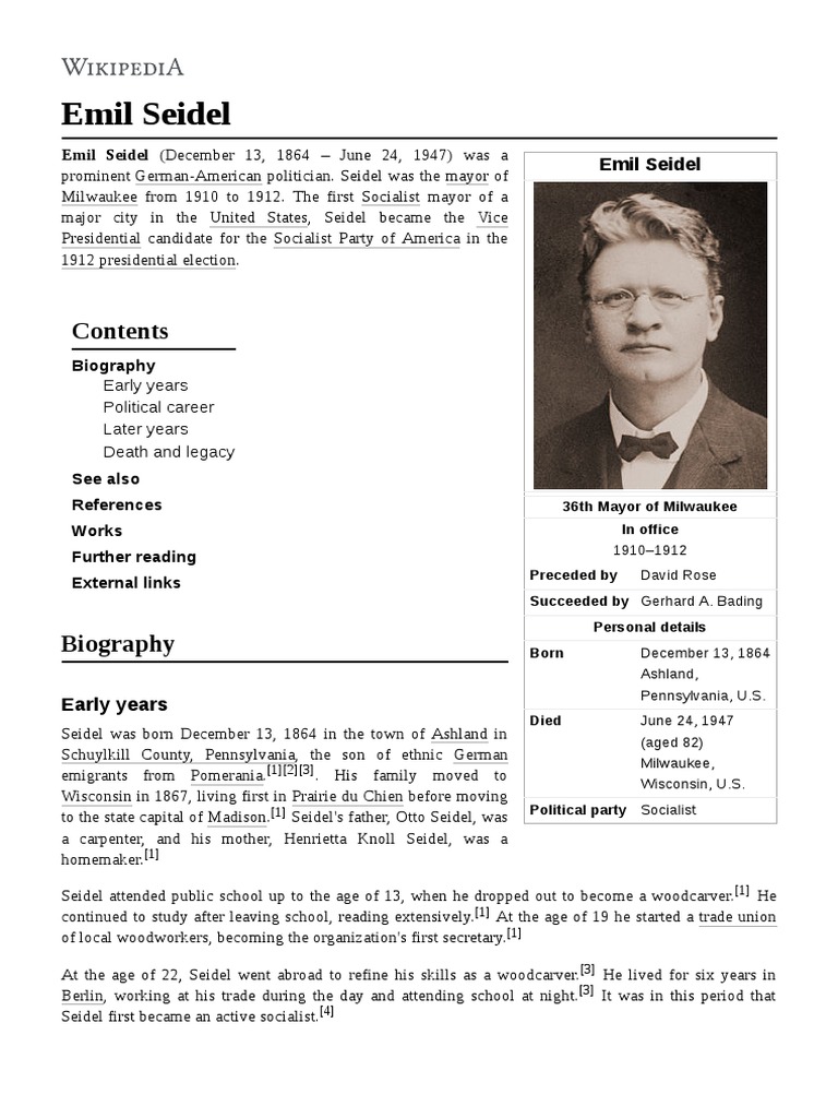 Emil Seidel (December 13, 1864 - June 24, 1947) Was A | PDF