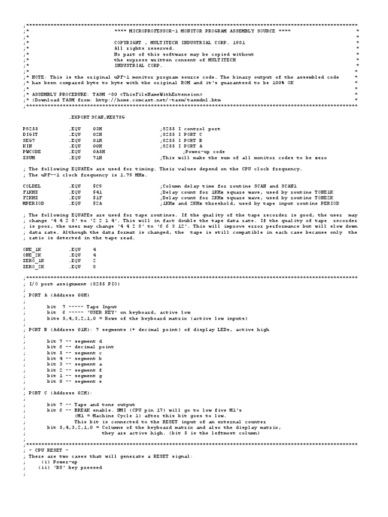 Microprofessor-1 Monitor Program Assembly Source | PDF | Subroutine | Instruction Set