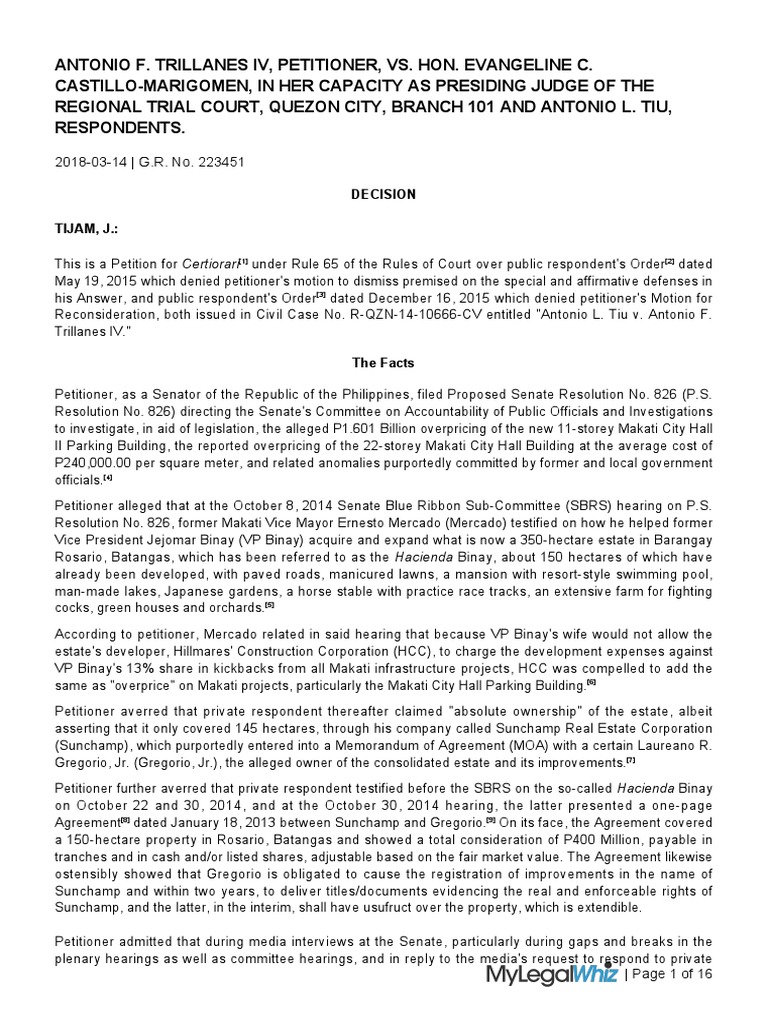 Trillanes Vs Hon Marigomen | PDF | Defamation | Complaint
