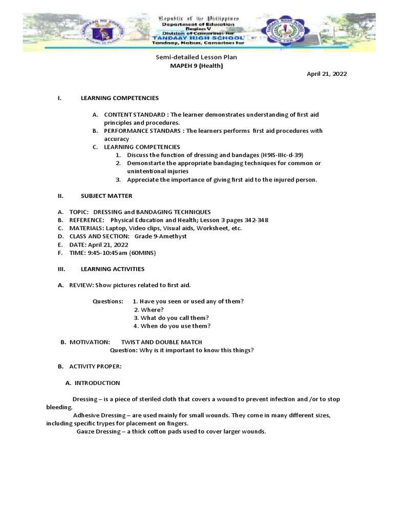 Semi-Detailed LP (Dressing and Bandaging) | PDF | Clinical Medicine