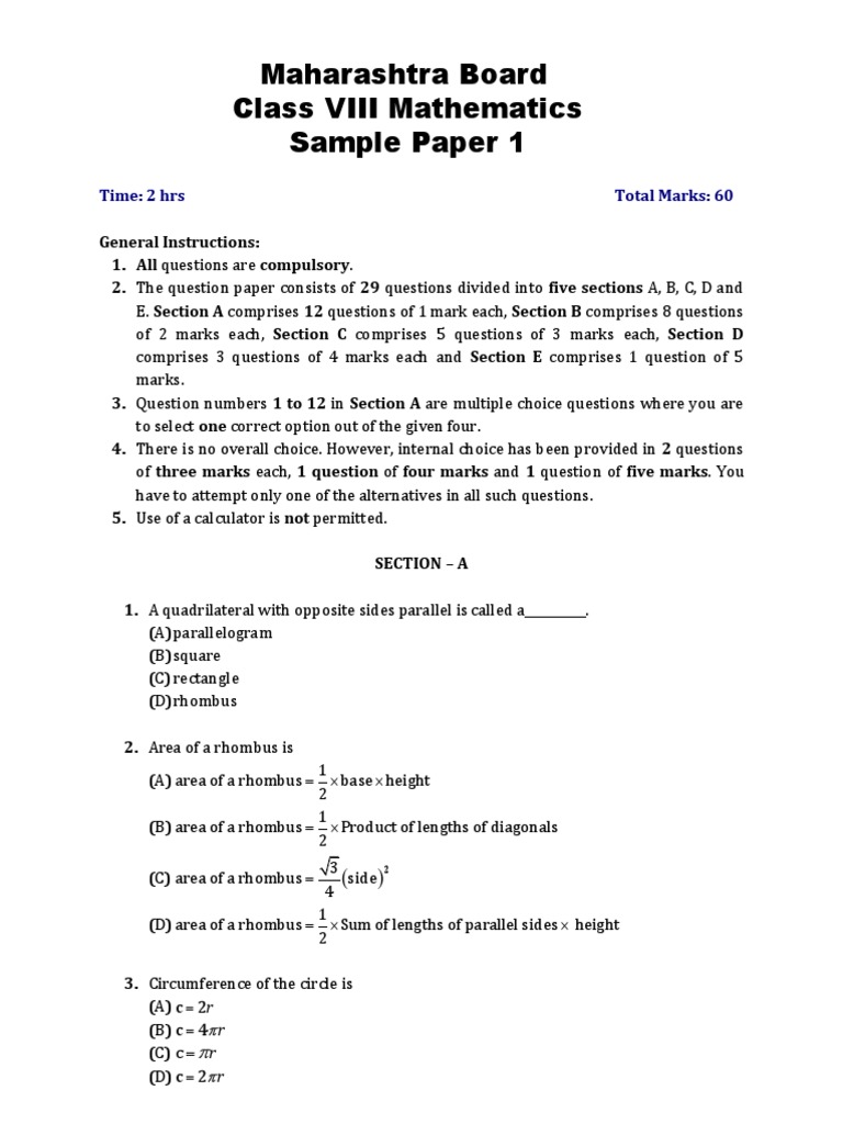 Maharashtra Board Class VIII Mathematics Sample Paper 1: Time: 2 Hrs Total Marks: 60 | PDF ...