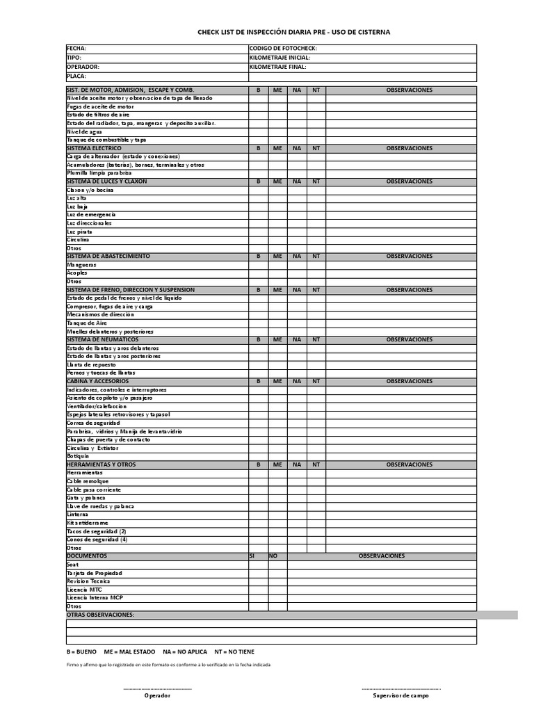 Check List de Cisterna | PDF | Vehículos | Industria automotriz