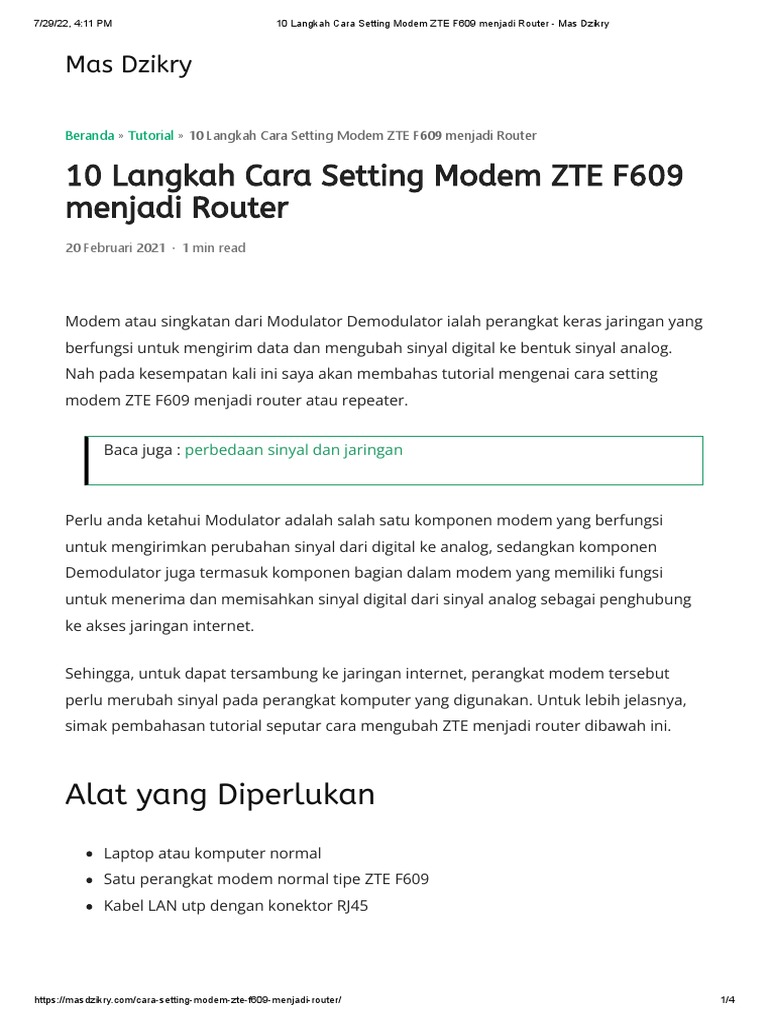 10 Langkah Cara Setting Modem ZTE F609 Menjadi Router - Mas Dzikry | PDF