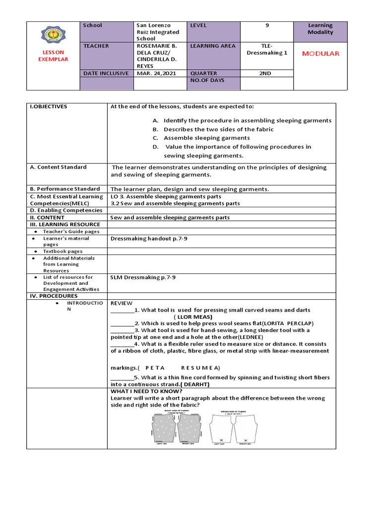 Modular: Lesson Exemplar | Download Free PDF | Sewing | Seam (Sewing)