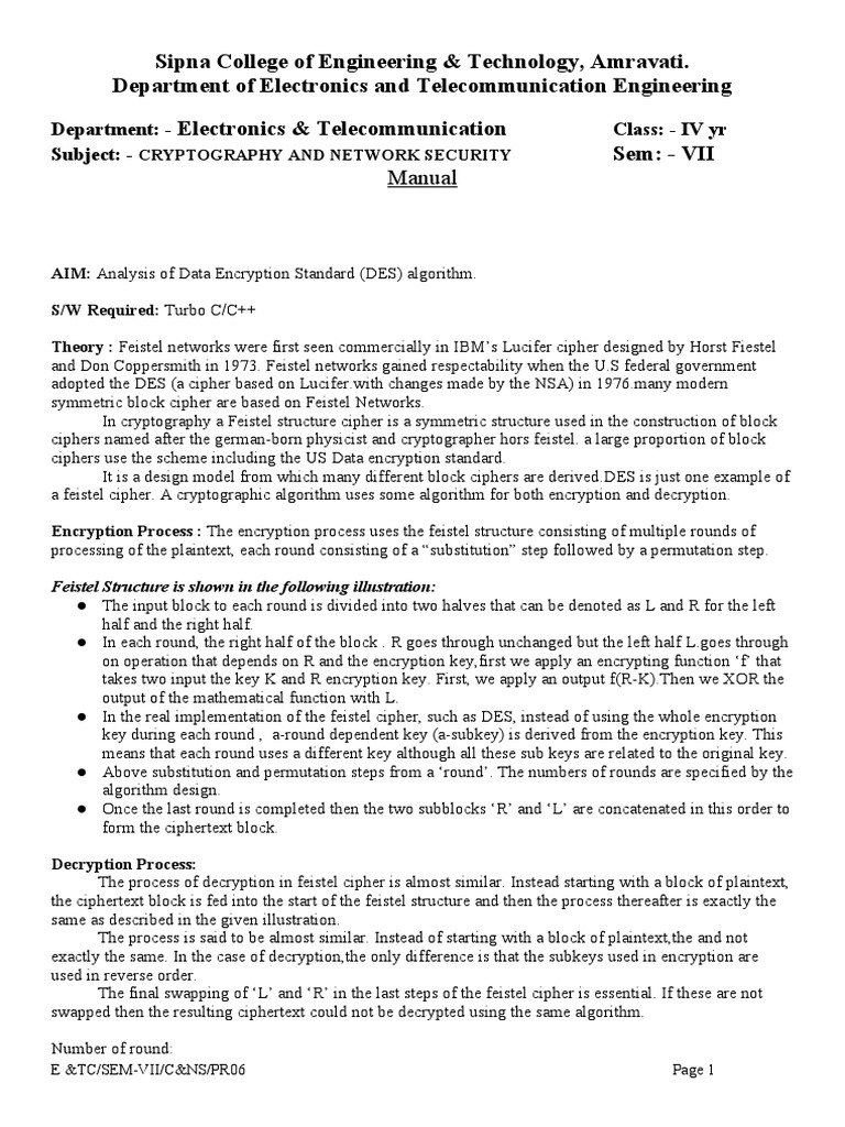 PR6 - Data Encryption Standard (DES) Algorithm - OK | PDF | Cryptography | Cipher