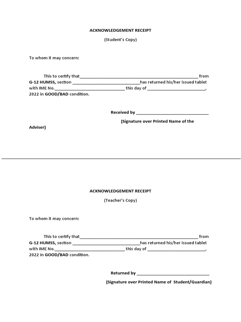 Tablet Acknowledgement Receipt Template | PDF | Career & Growth | Business