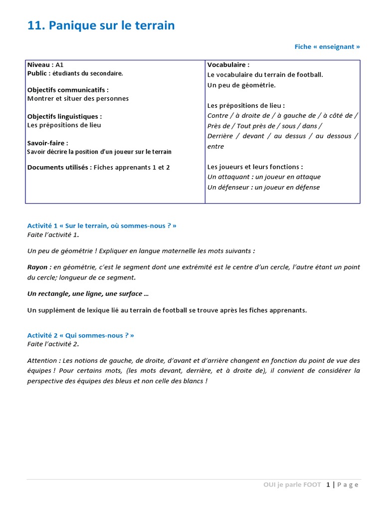 Prépositions de lieu au football A1 | PDF | Défenseur (football) | Code ...