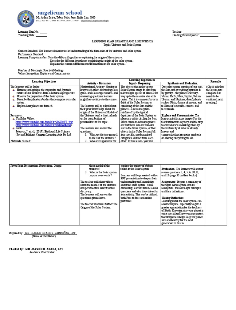 Earth and Life Science Learning Plan | PDF | Solar System | Planets